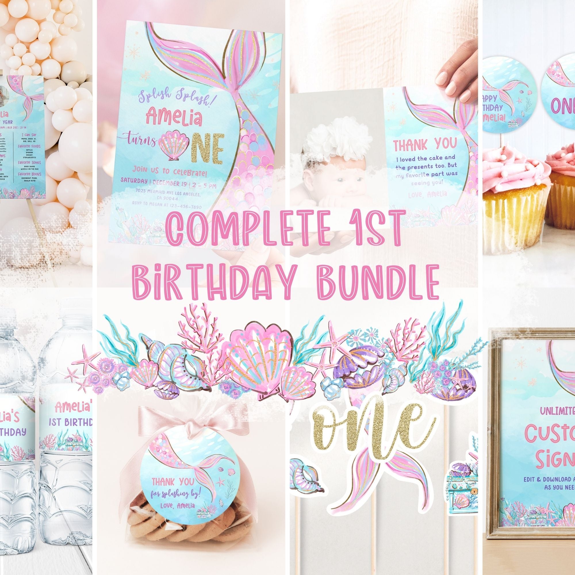 Mermaid 1st Birthday Bundle – MomentPrintables