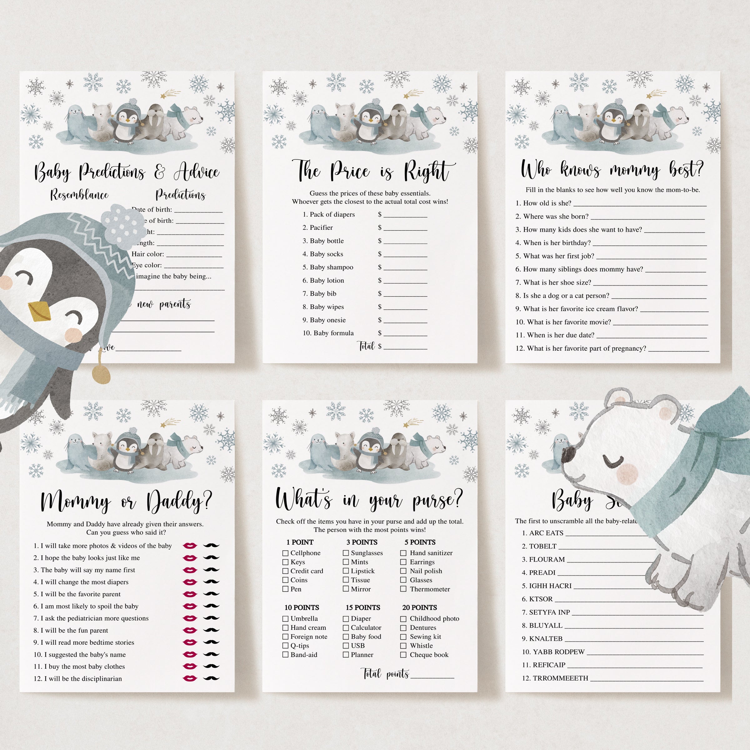 14 Winter Animals Baby Shower Games Printable | Instant Download ...