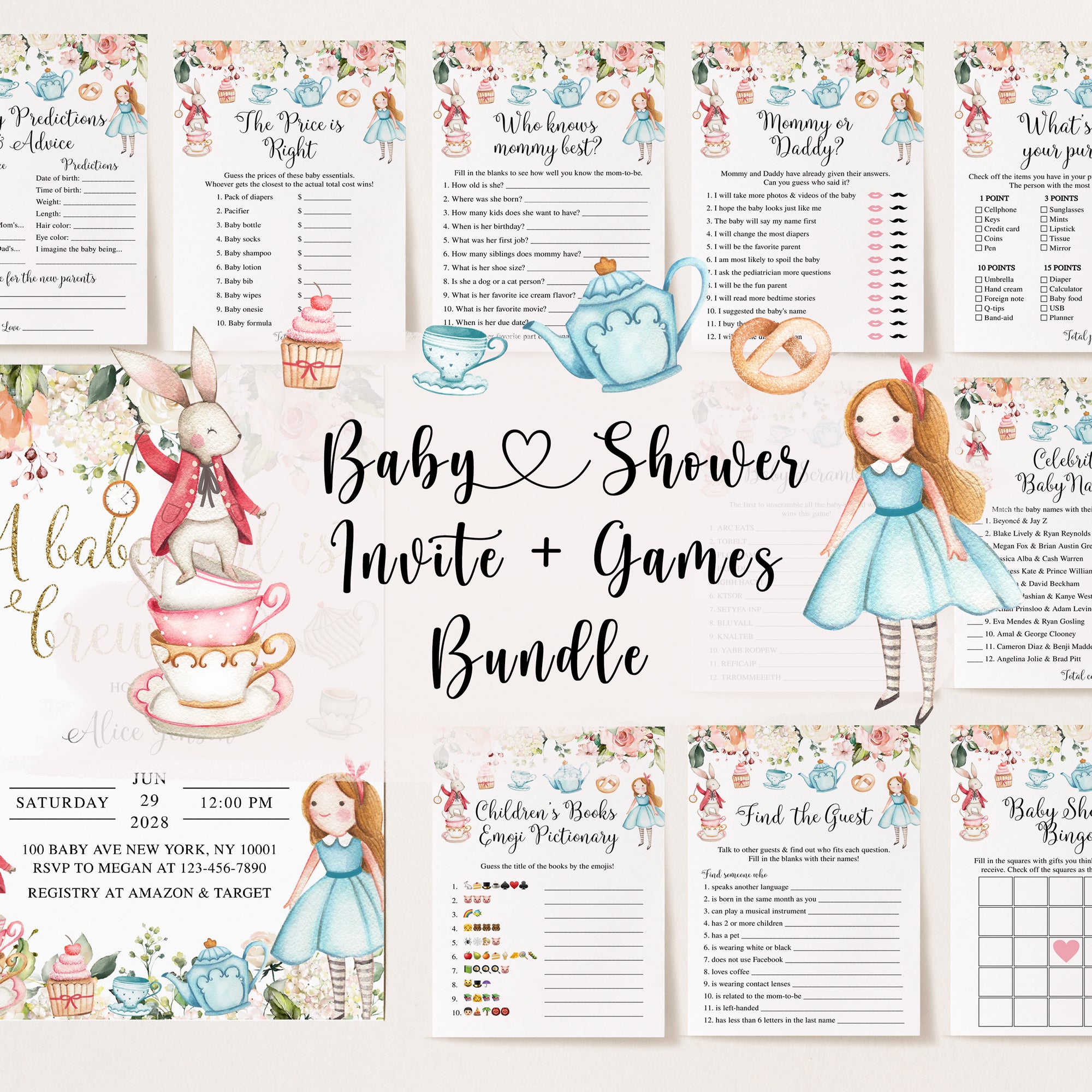 Alice in Wonderland Baby Shower Invite & Games – MomentPrintables