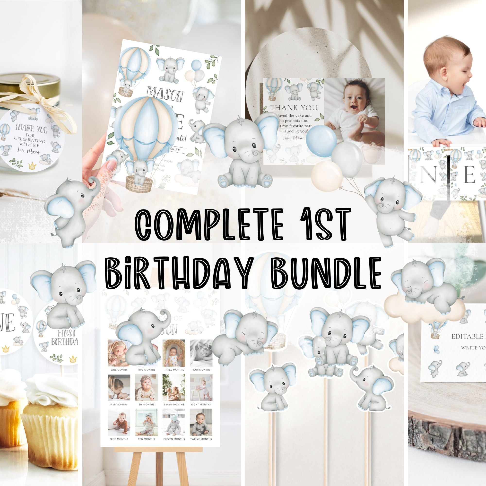 Blue Elephants 1st Birthday Bundle Editable Printable Party Decor ...