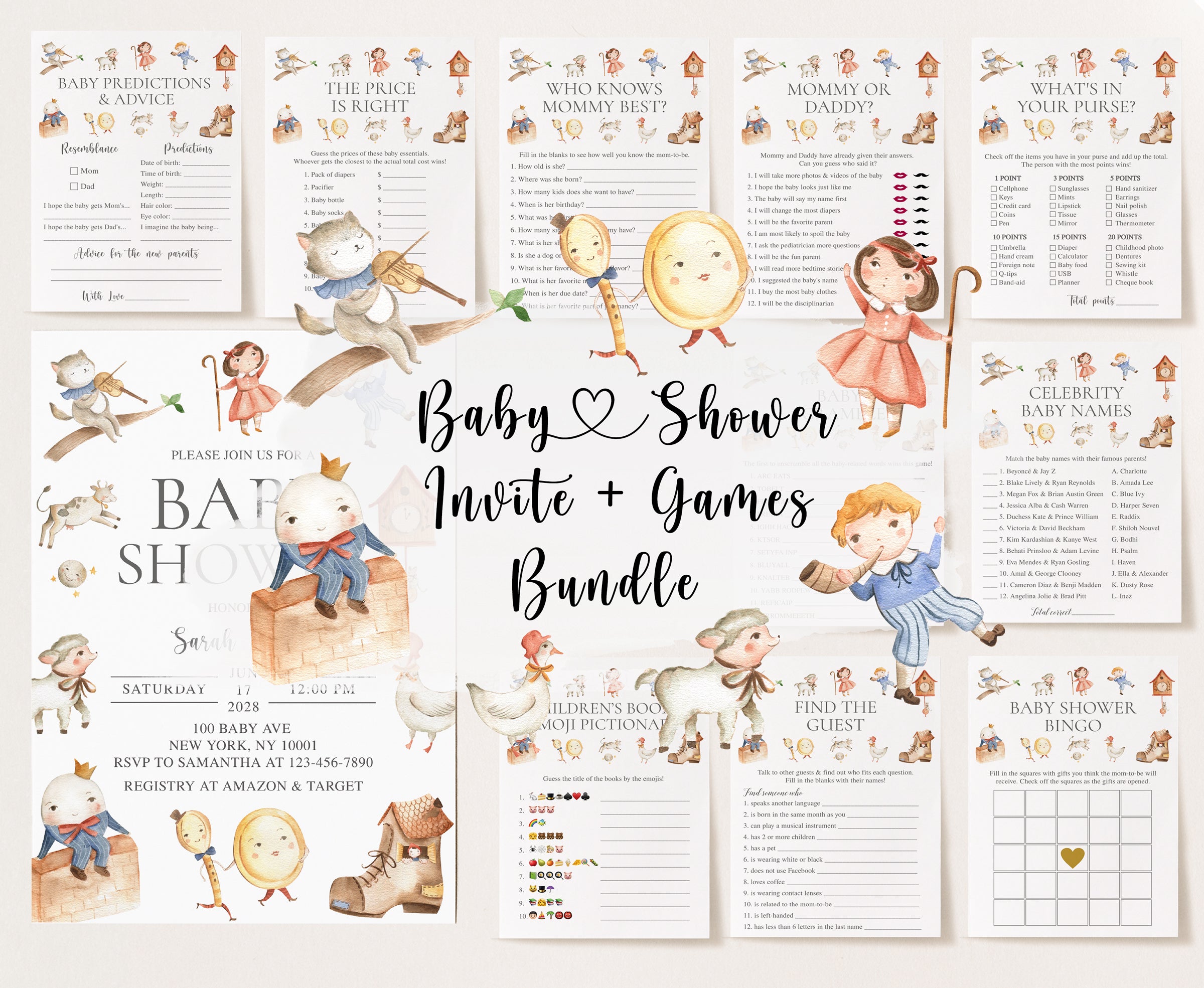Nursery Rhyme Baby Shower Invite & Games – MomentPrintables