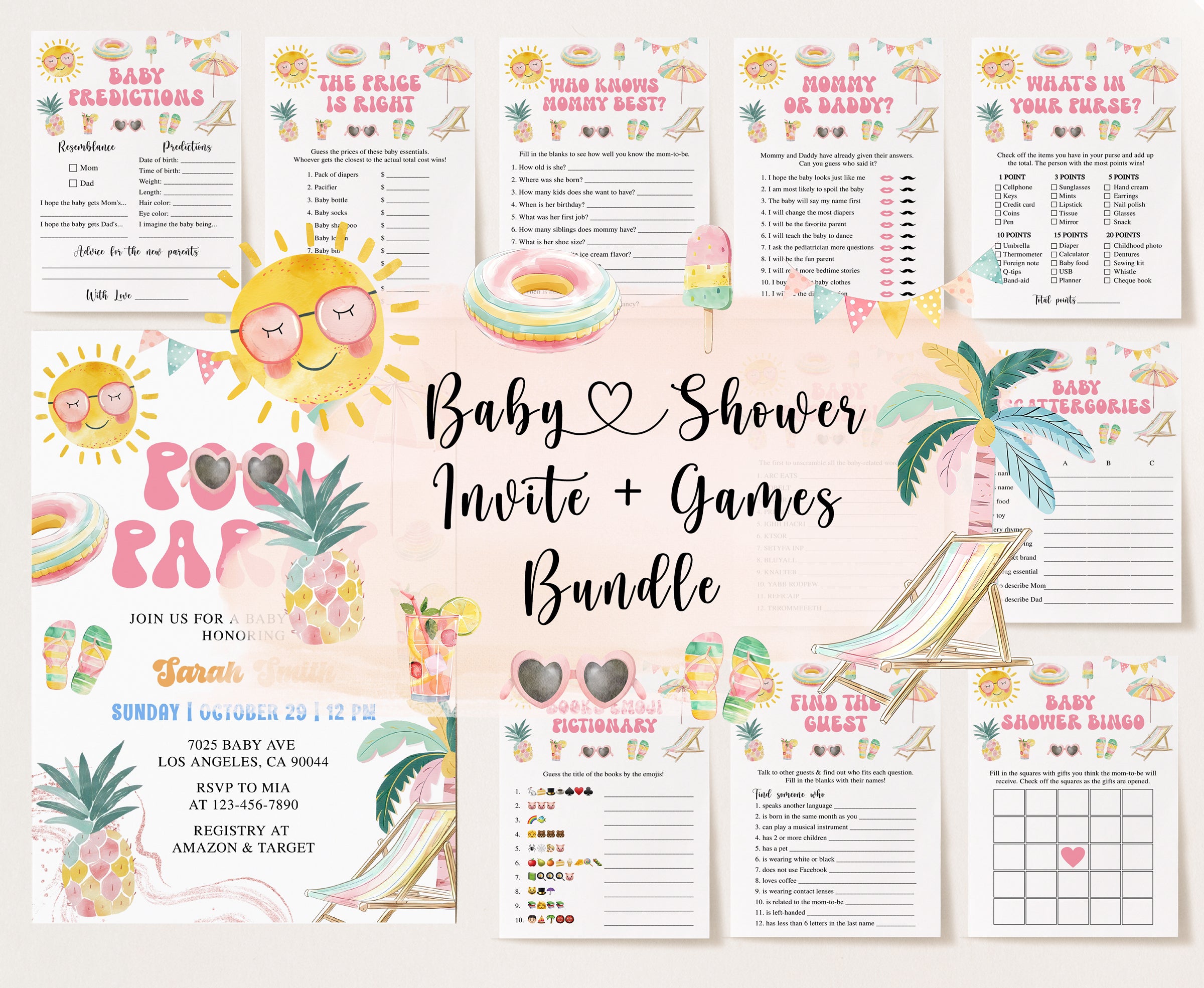 Pool Party Baby Shower Invite & Games – MomentPrintables