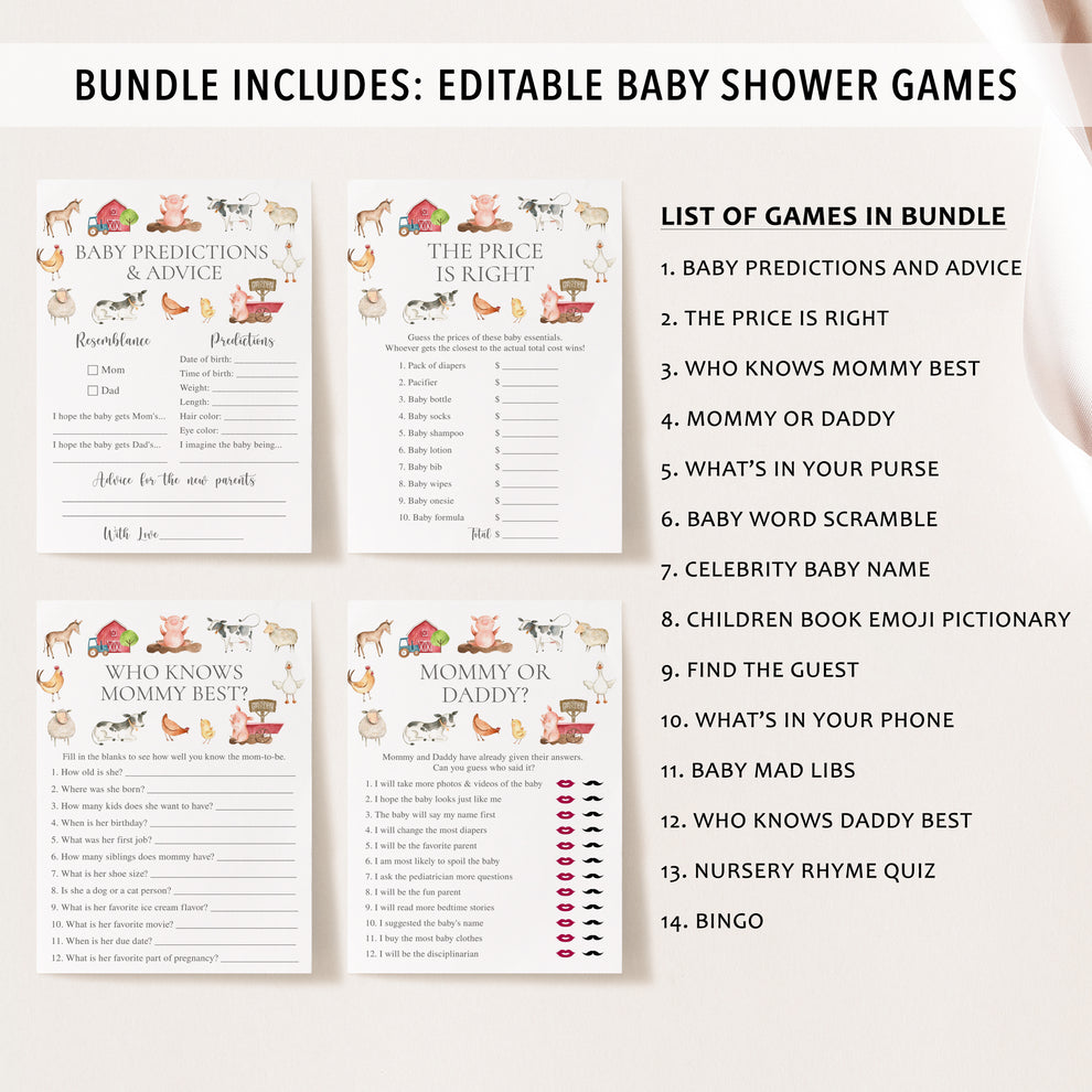 14 Farm Animals Baby Shower Games Printable | Instant Download Fun ...